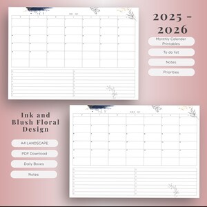 2025 - 2026 Calendar PRINTABLE PDF Monthly Planner Landscape Elegant ...