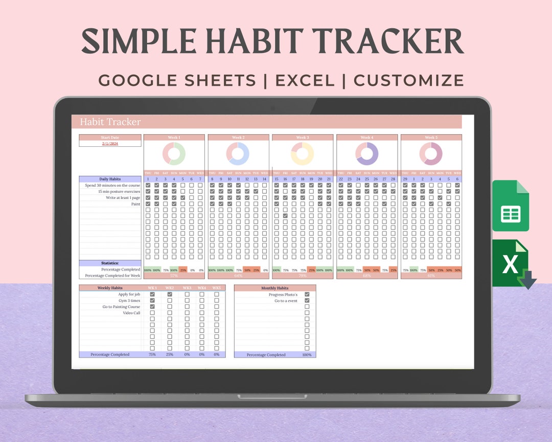 Habit Tracker Google Sheet, Digital Planner, Excel Template, Monthly ...