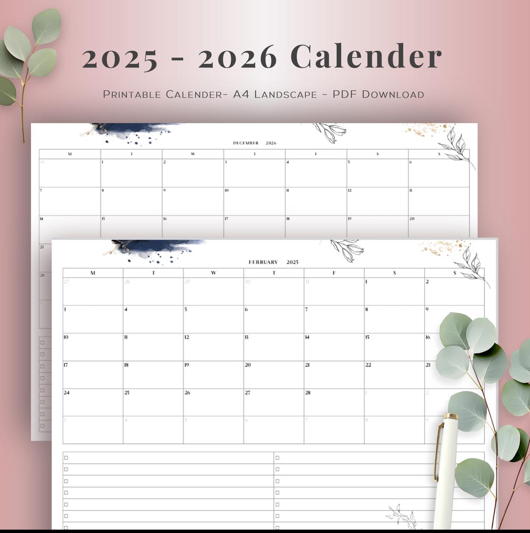 2025 - 2026 Calendar PRINTABLE PDF Monthly Planner Landscape Elegant ...