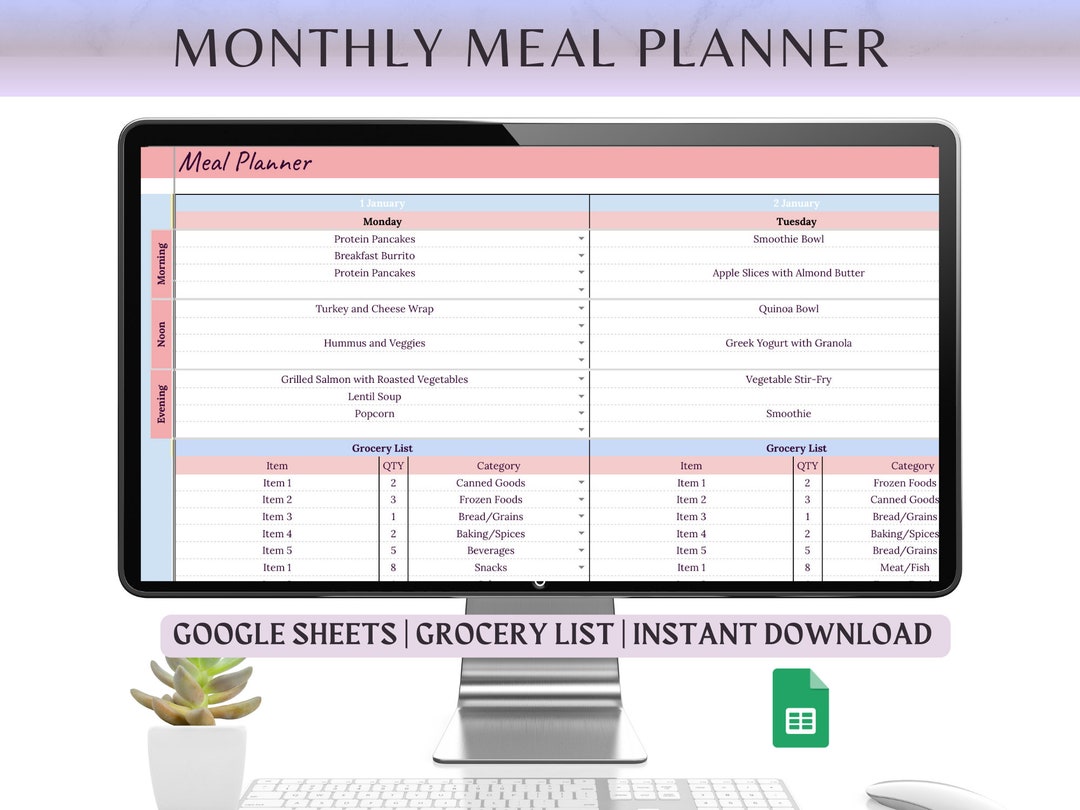 Meal Planner Google Sheets, Monthly, Weekly, Grocery List, Excel ...