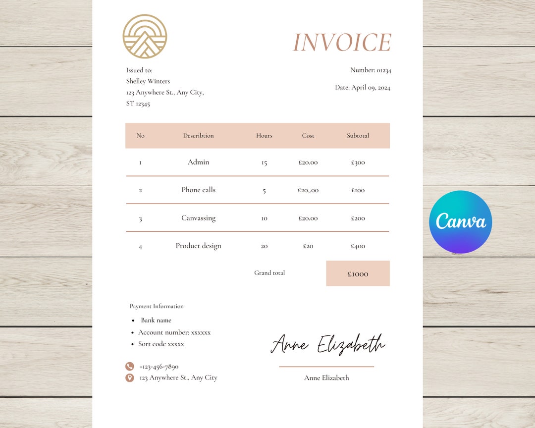 Invoice Template Canva, Small Business Invoice, Invoice Hourly ...