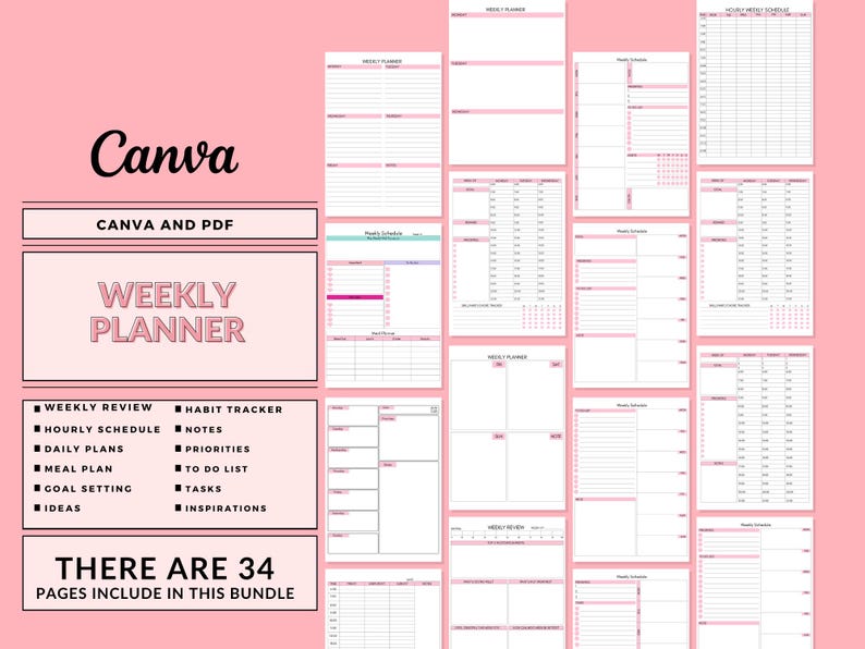 Editable Weekly Planners | Canva | PDF | Daily Planner | Hourly ...