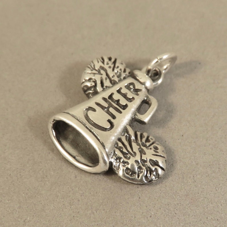CHEER Megaphone W/ Pom Pom's .925 Sterling Silver Double Sided Charm ...