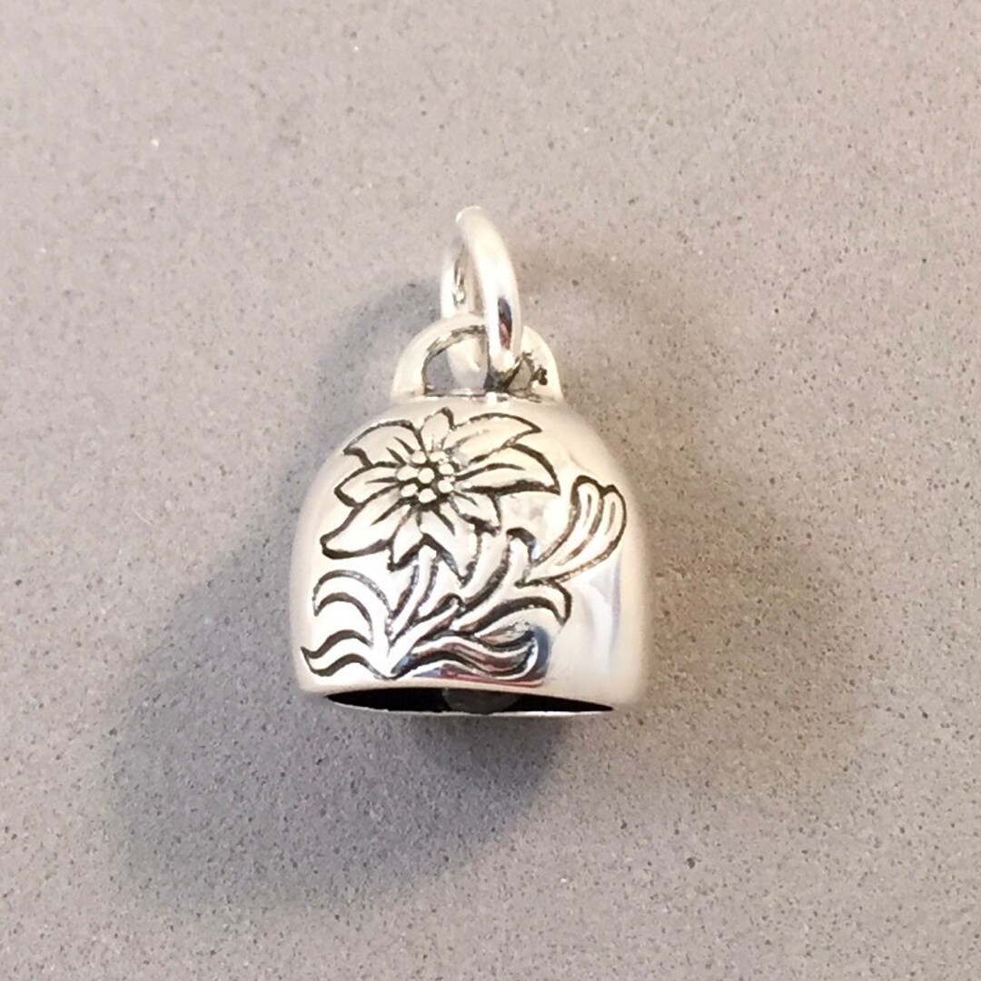 EDELWEISS BELL Etched .925 Sterling Silver 3-D Charm Pendant Cow Flower ...