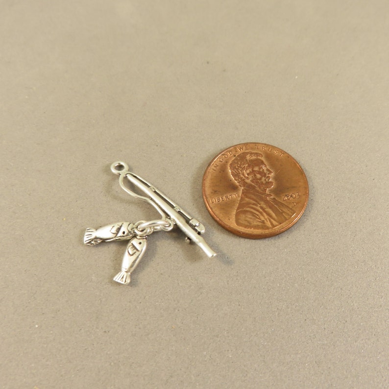 FISHING POLE .925 Sterling Silver 3-D Charm Pendant Reel Rod With Two ...