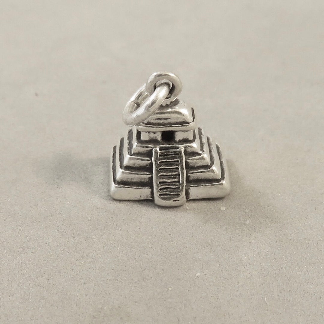 MAYAN PYRAMID .925 Sterling Silver 3-D Charm Pendant Aztec Monument ...