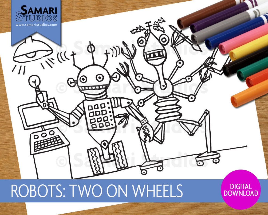 Robots: Two on Wheels - Hand Drawn Printable Coloring Sheet - Kids ...