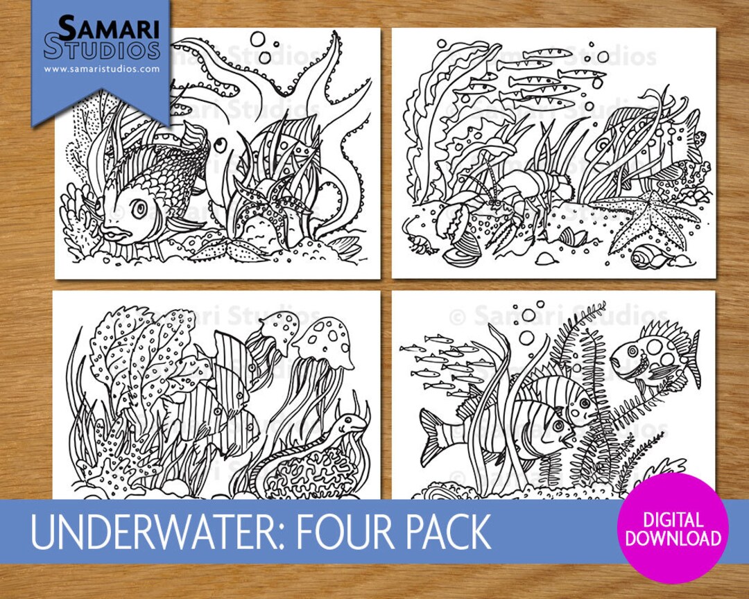 Underwater 4 Pack - Hand Drawn Printable Coloring Sheet - Kids Coloring ...
