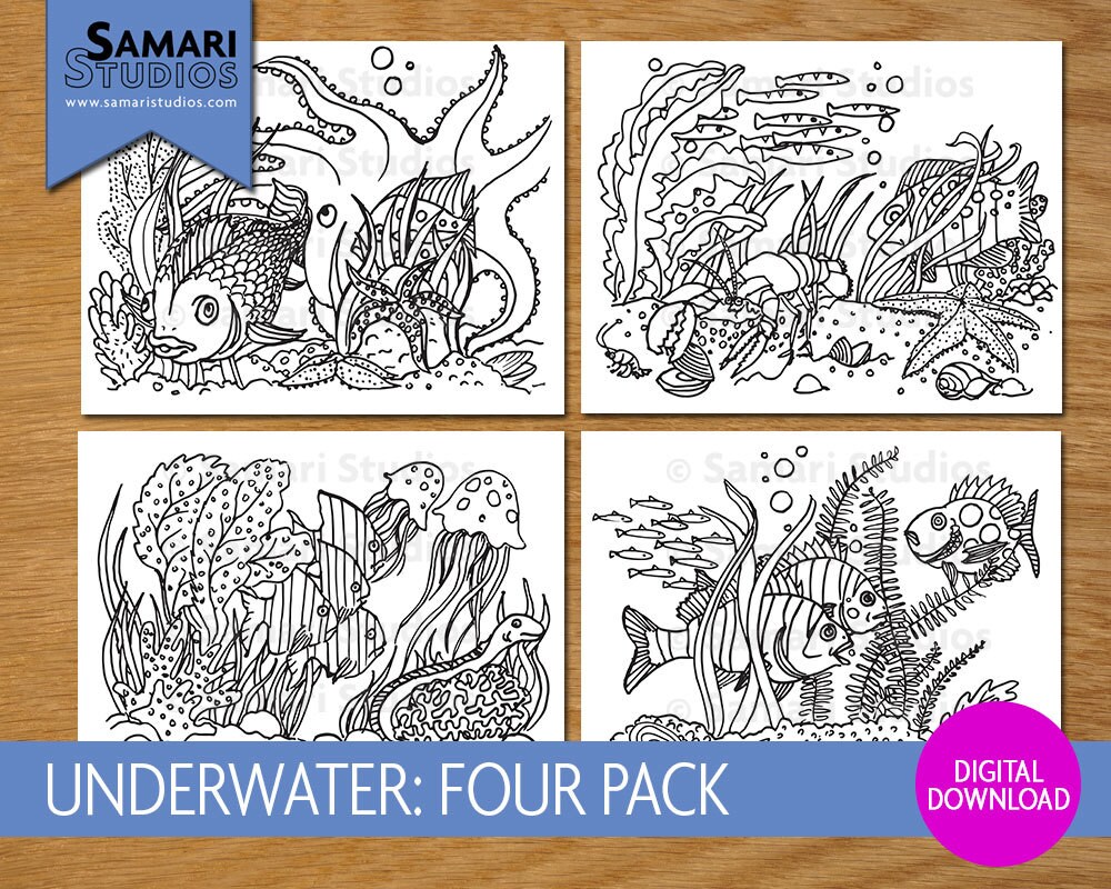 Underwater 4 Pack Hand Drawn Printable Coloring Sheet Kids Coloring ...