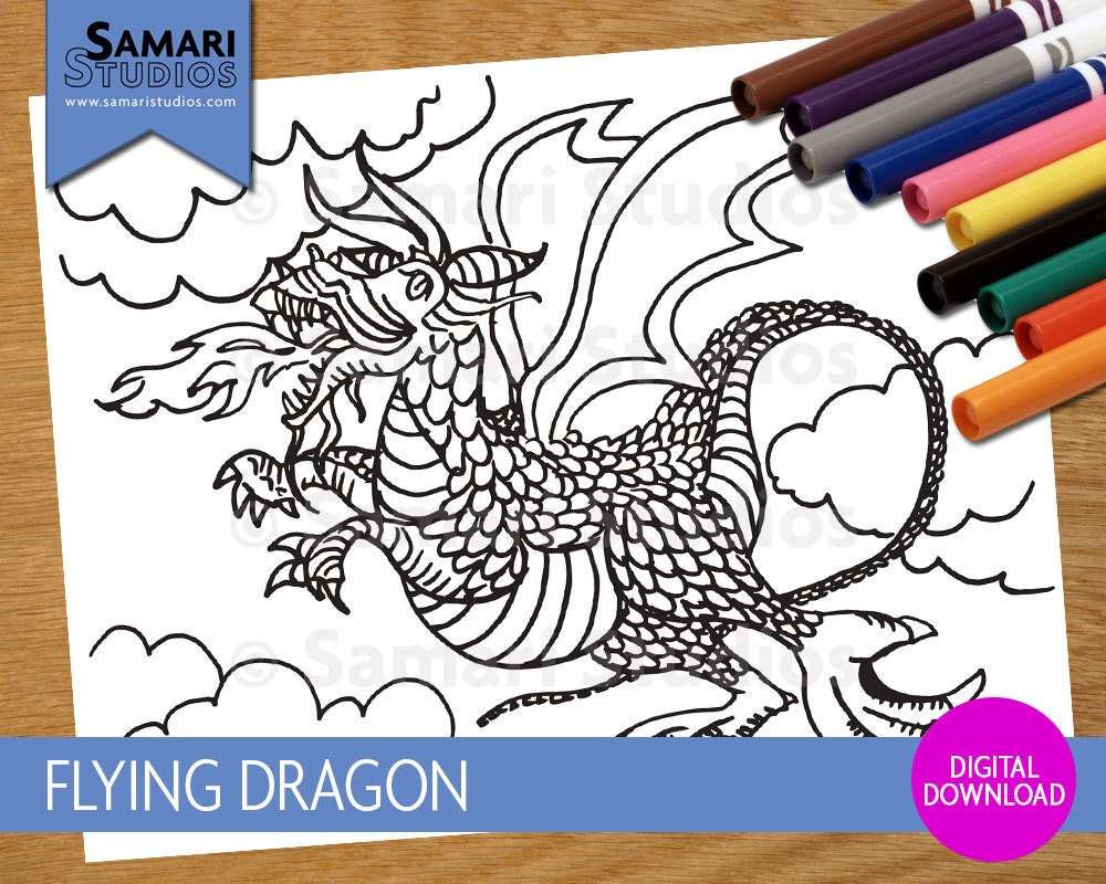 Flying Dragon - Hand Drawn Printable Coloring Sheet - Kids Coloring ...