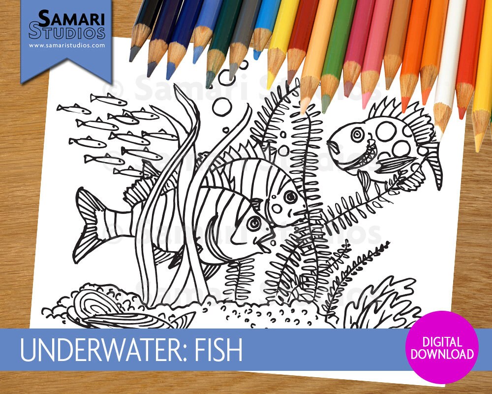 Underwater 4 Pack Hand Drawn Printable Coloring Sheet Kids Coloring ...