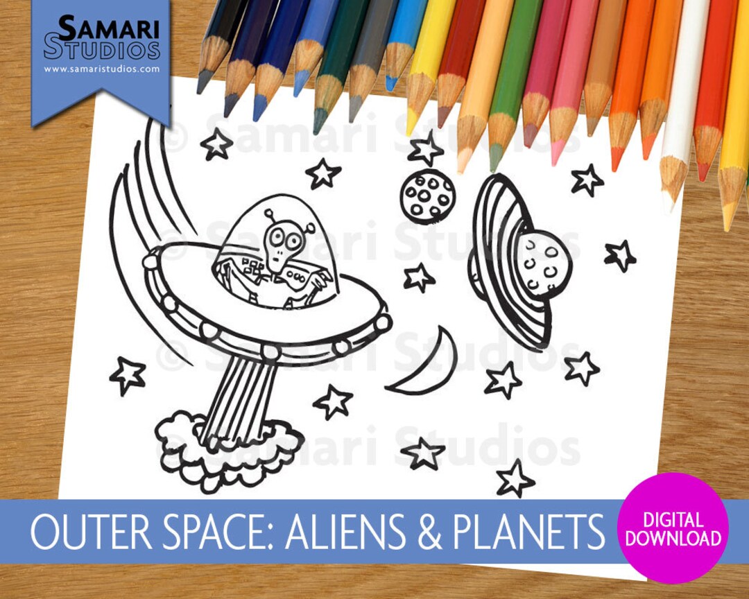 Outer Space: Aliens & Planets - Hand Drawn Printable Coloring Sheet ...