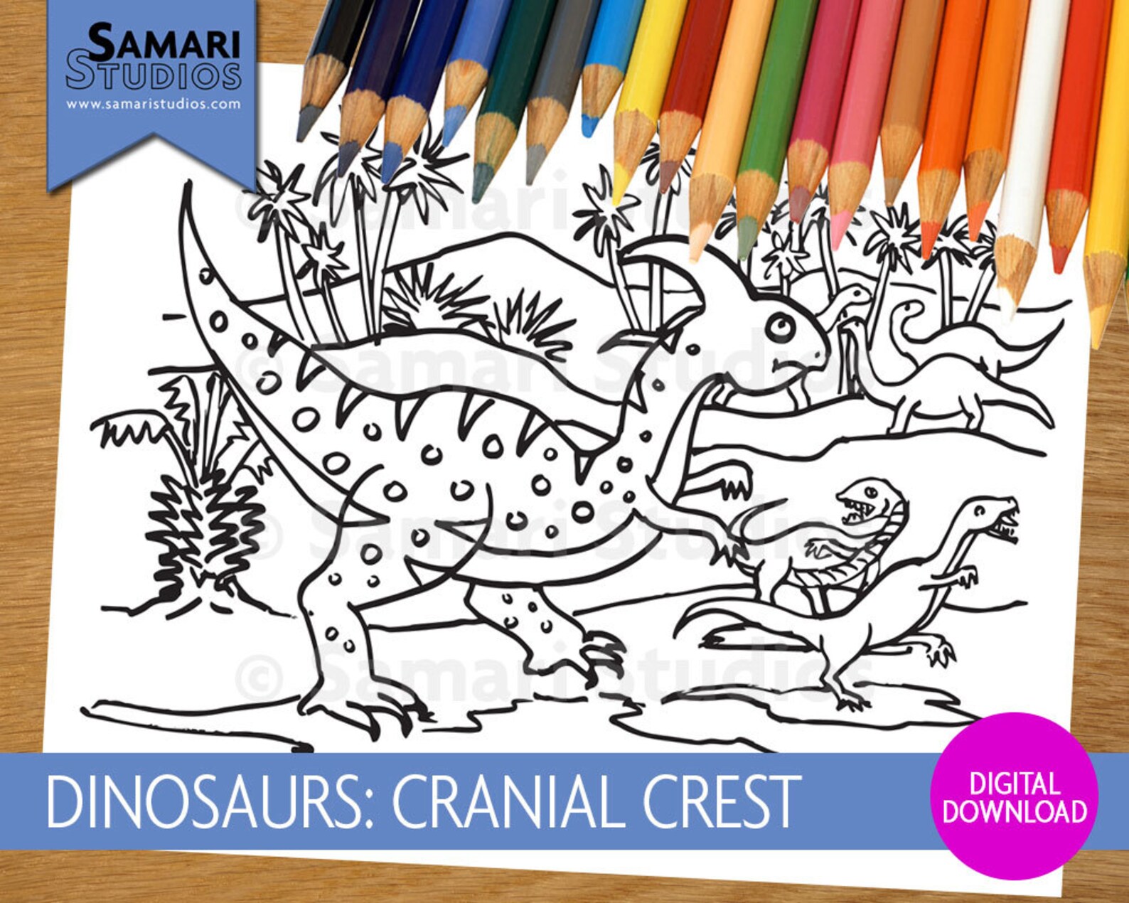 Dinosaur: Cranial Crest Dinosaur - Hand Drawn Printable Coloring Sheet ...