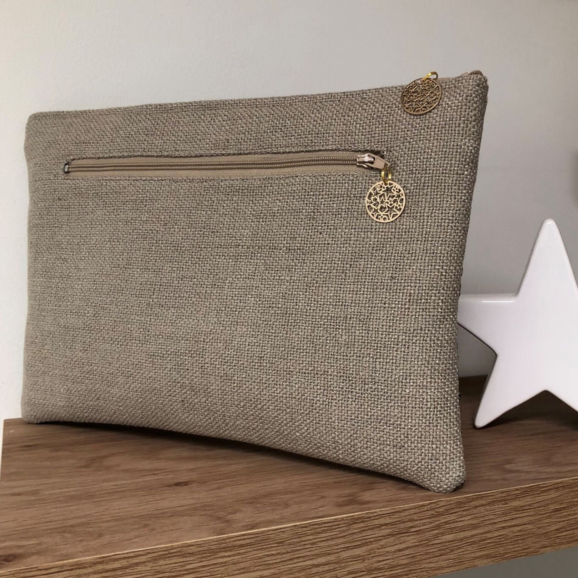Linen and Japanese Fabric Computer Case, With Charger Pocket / Beige ...