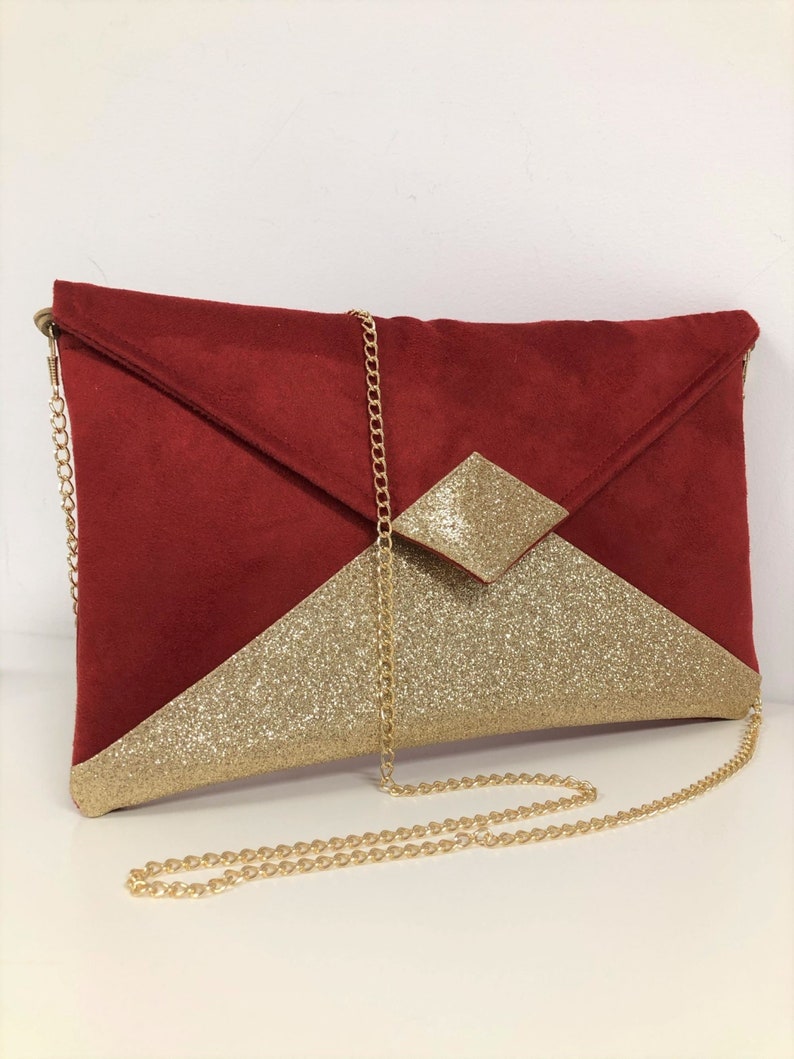 Sac pochette mariage rouge en suédine et paillettes dorées / | Etsy France