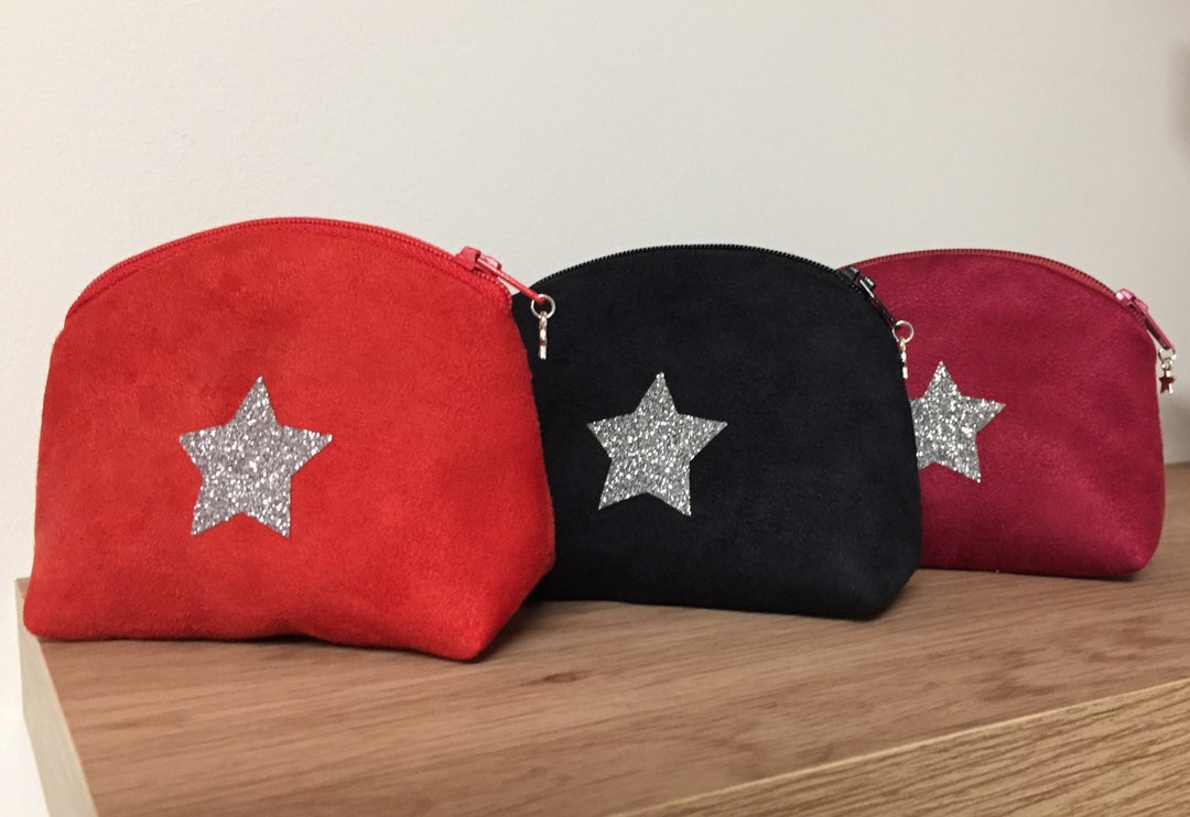 Small Bright Red Coin Purse, Silver Star / Mini Suede Pouch, Sequins ...