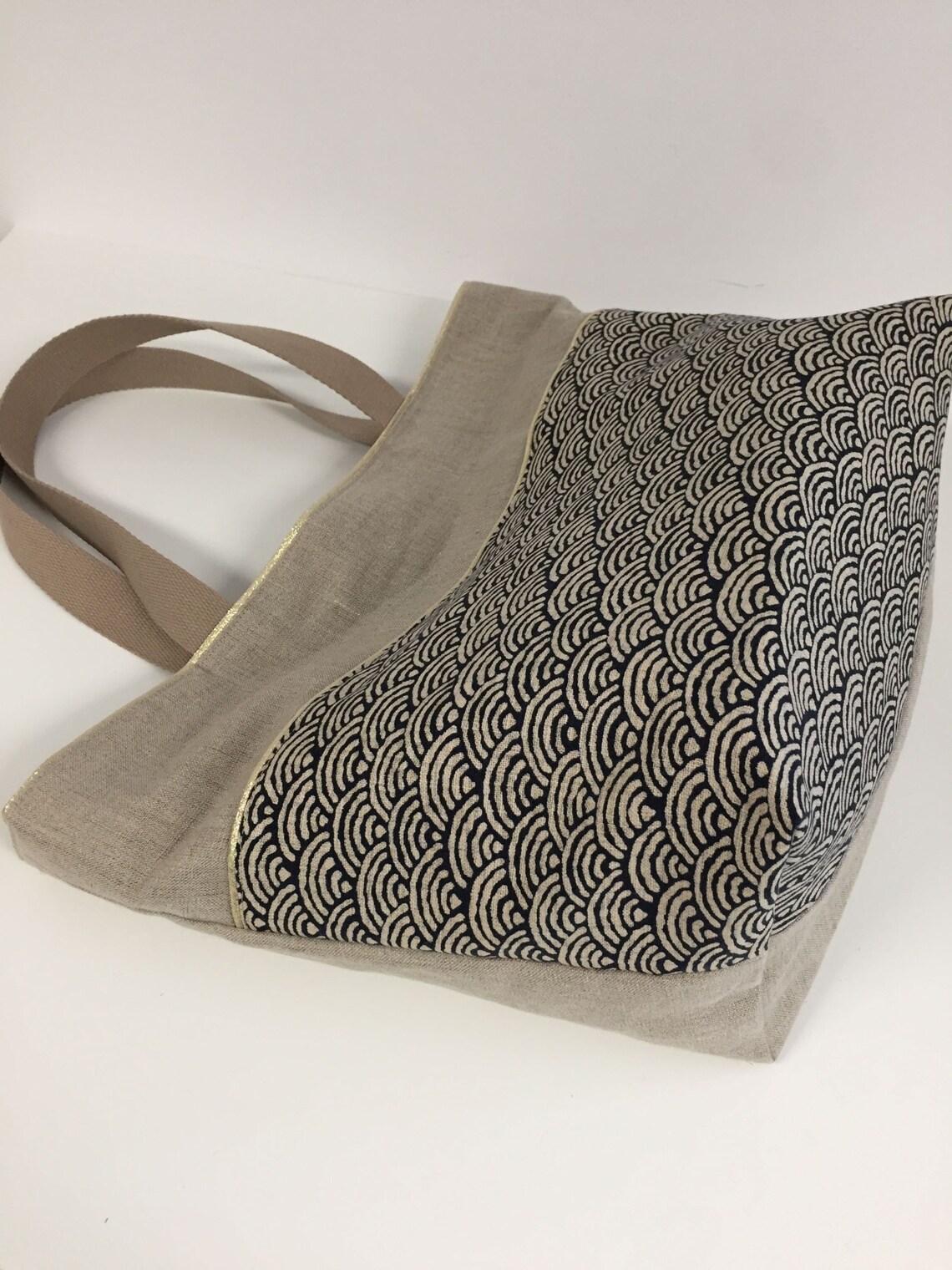 Linen Bag With Beige, Blue Japanese Fabric / Large Shopping Bag, With ...