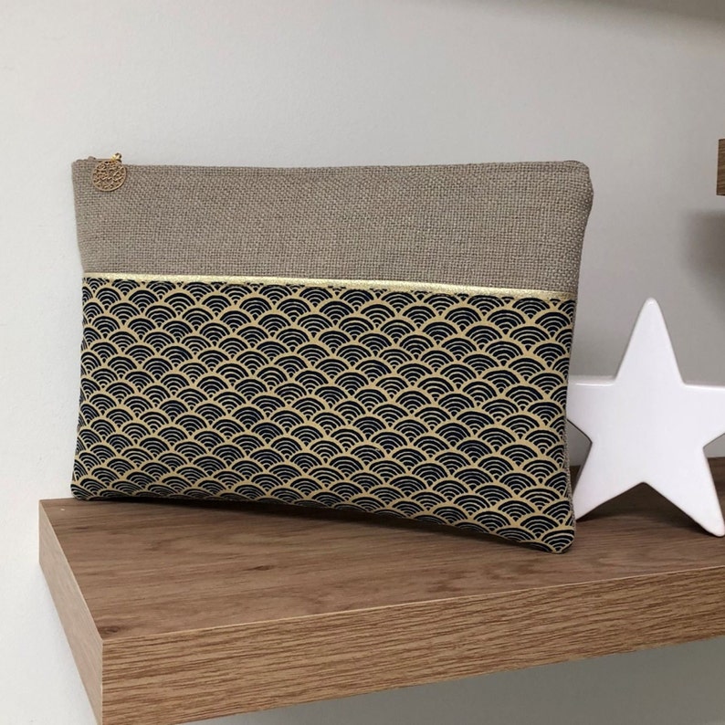 Linen and Japanese Fabric Computer Case, With Charger Pocket / Beige ...