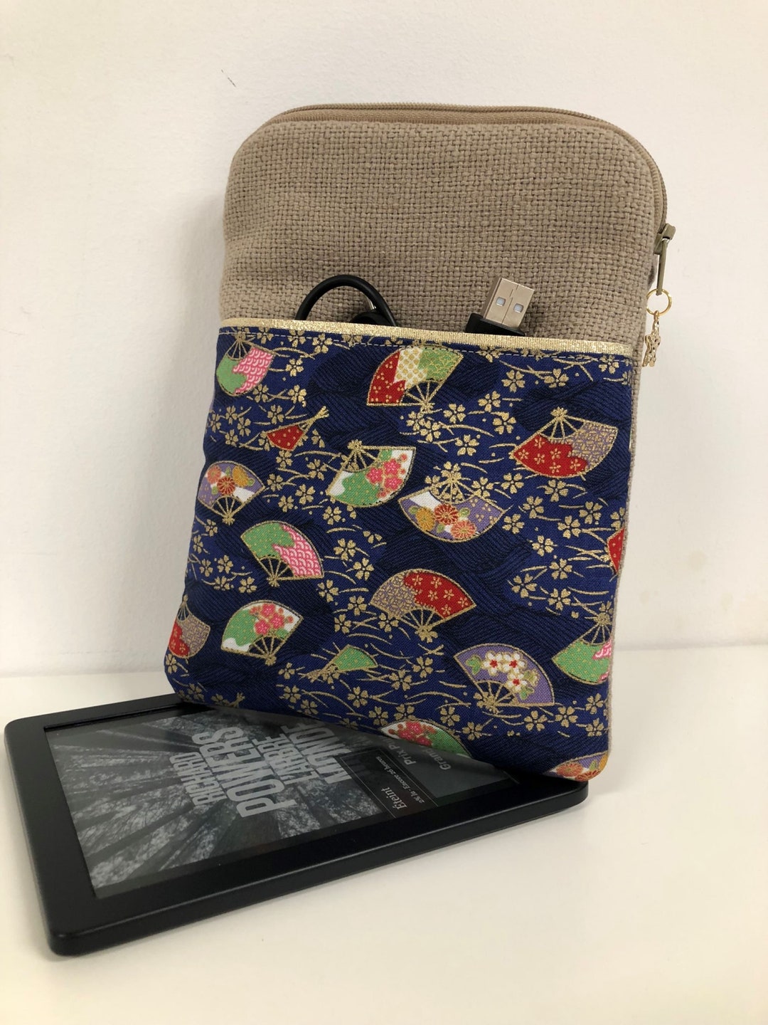 Kobo E-reader Pouch, Linen and Japanese Fan Fabric / Custom Zipped E ...