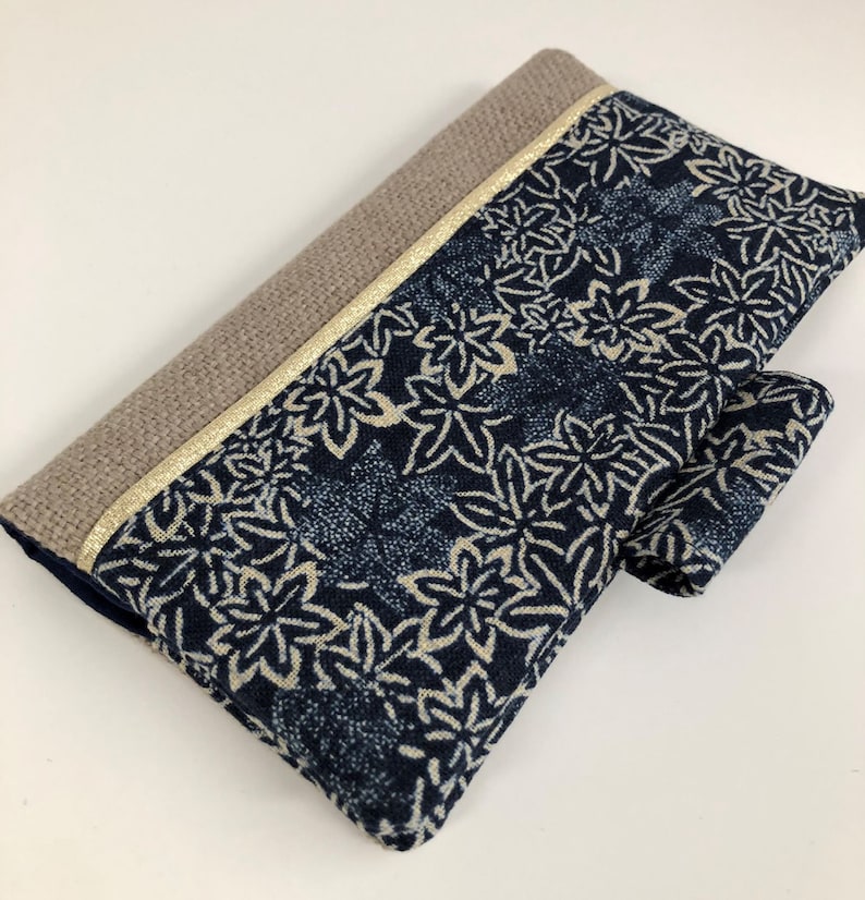 Checkbook and Pen Holder, Linen and Traditional Japanese Fabric / Navy ...