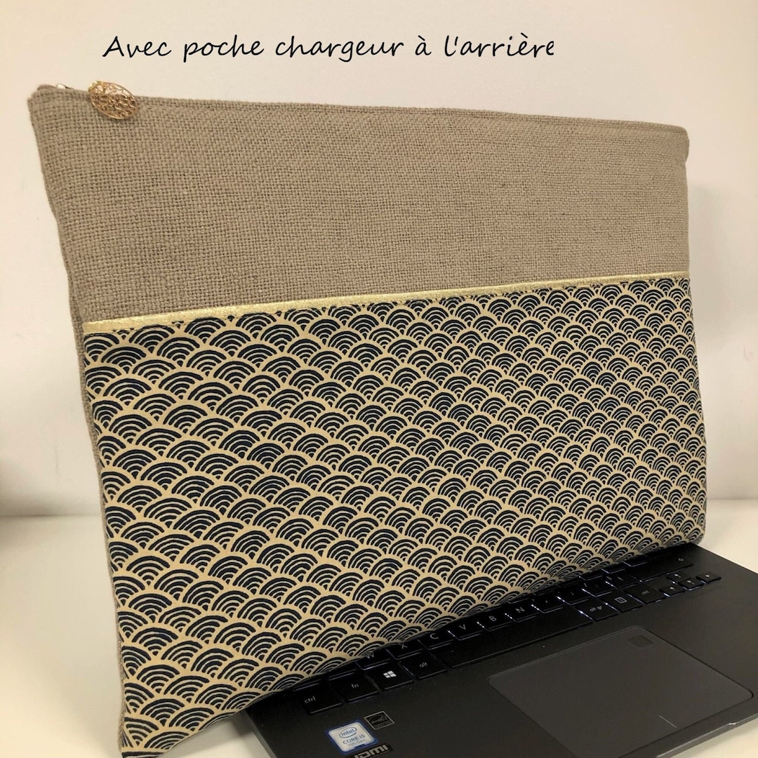 Linen and Japanese Fabric Computer Case, With Charger Pocket / Beige ...