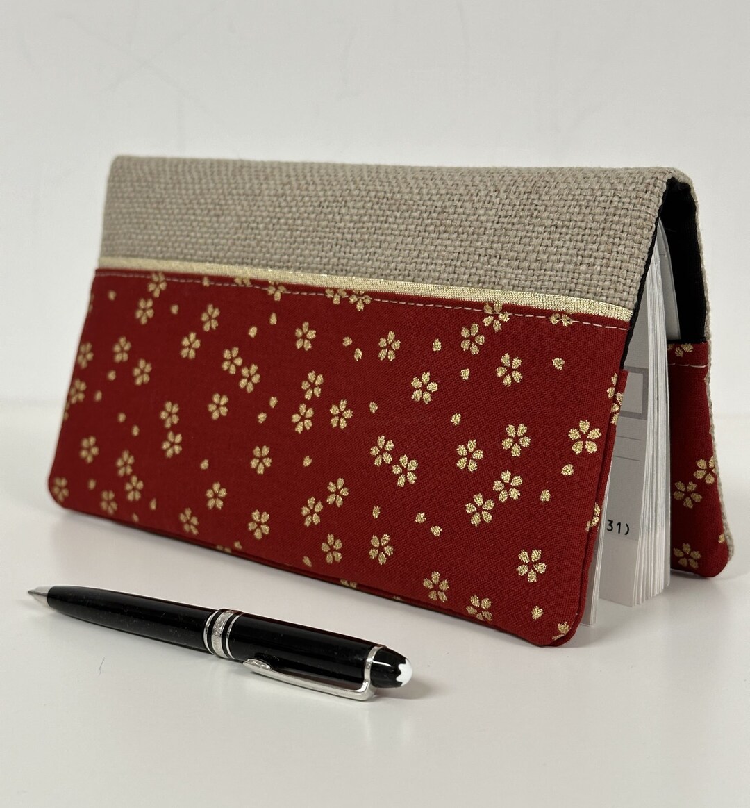 Checkbook Holder Linen and Red Japanese Fabric Sakura Gold / Golden ...