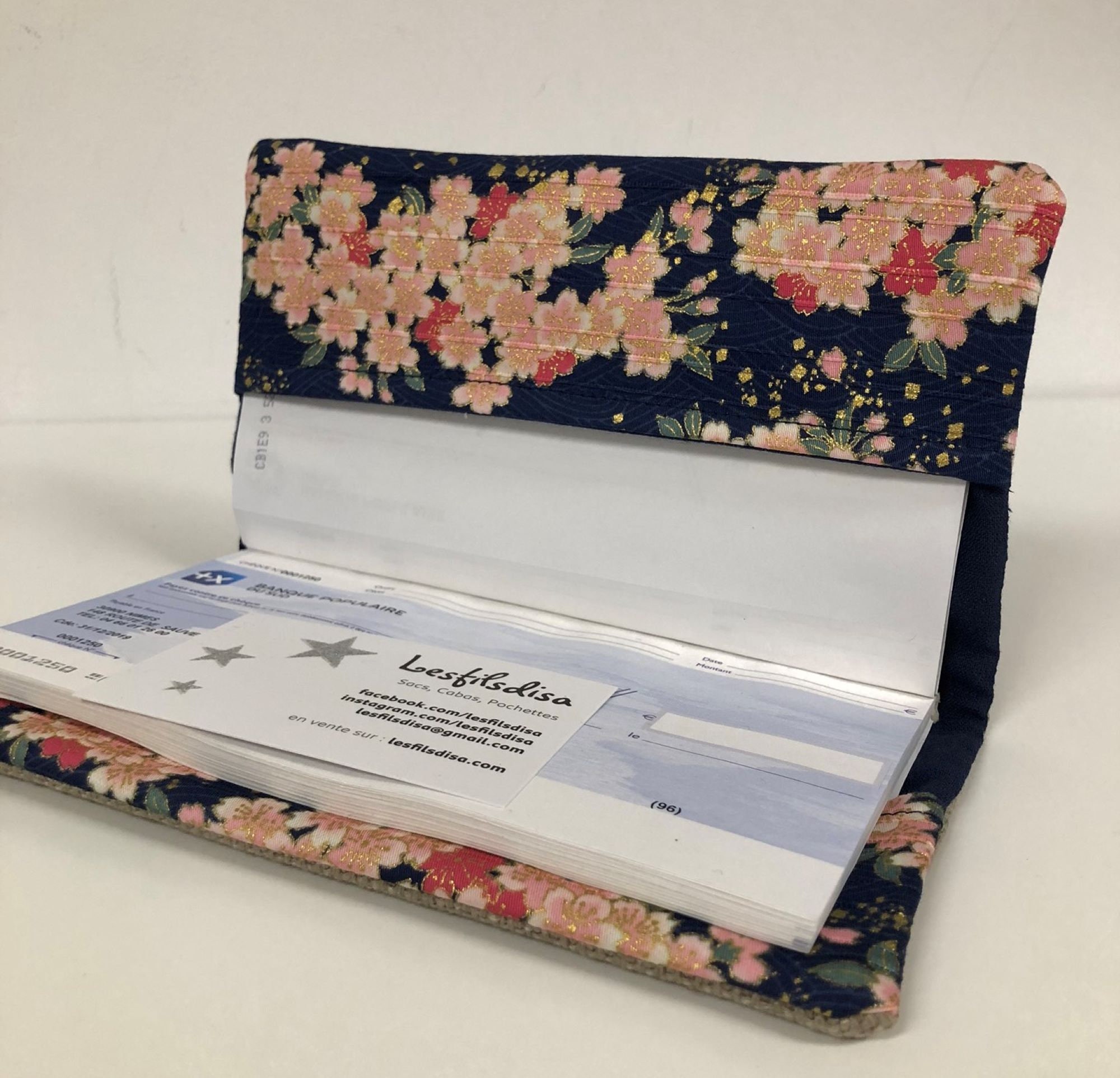 Linen Checkbook Holder Japanese Sakura Flowered Fabric / Navy - Etsy