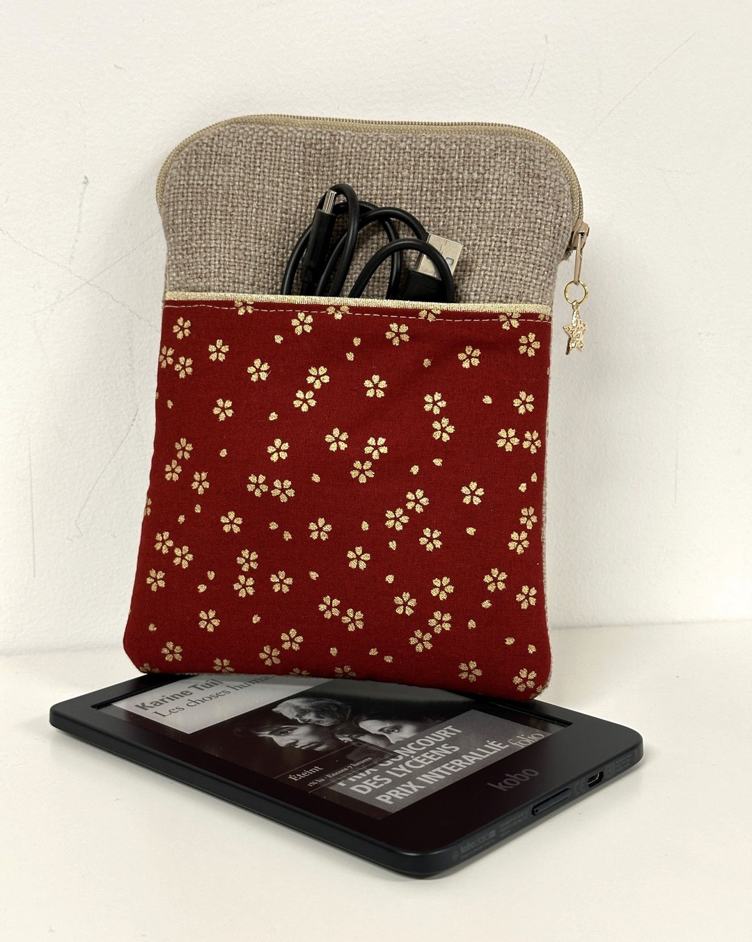Linen Kobo Book Pouch, Red Sakura Fabric With Golden Flowers / Zipped Book Case / Kindle Cover ...