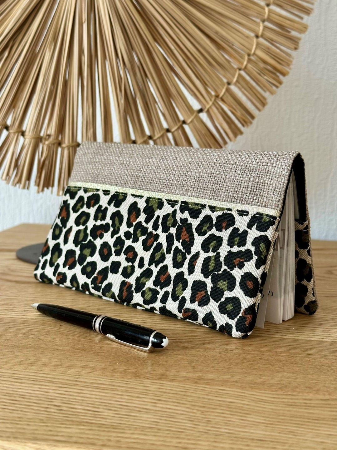 Linen Checkbook Holder, Leopard, Gold Trim / Checkbook Case, Beige ...
