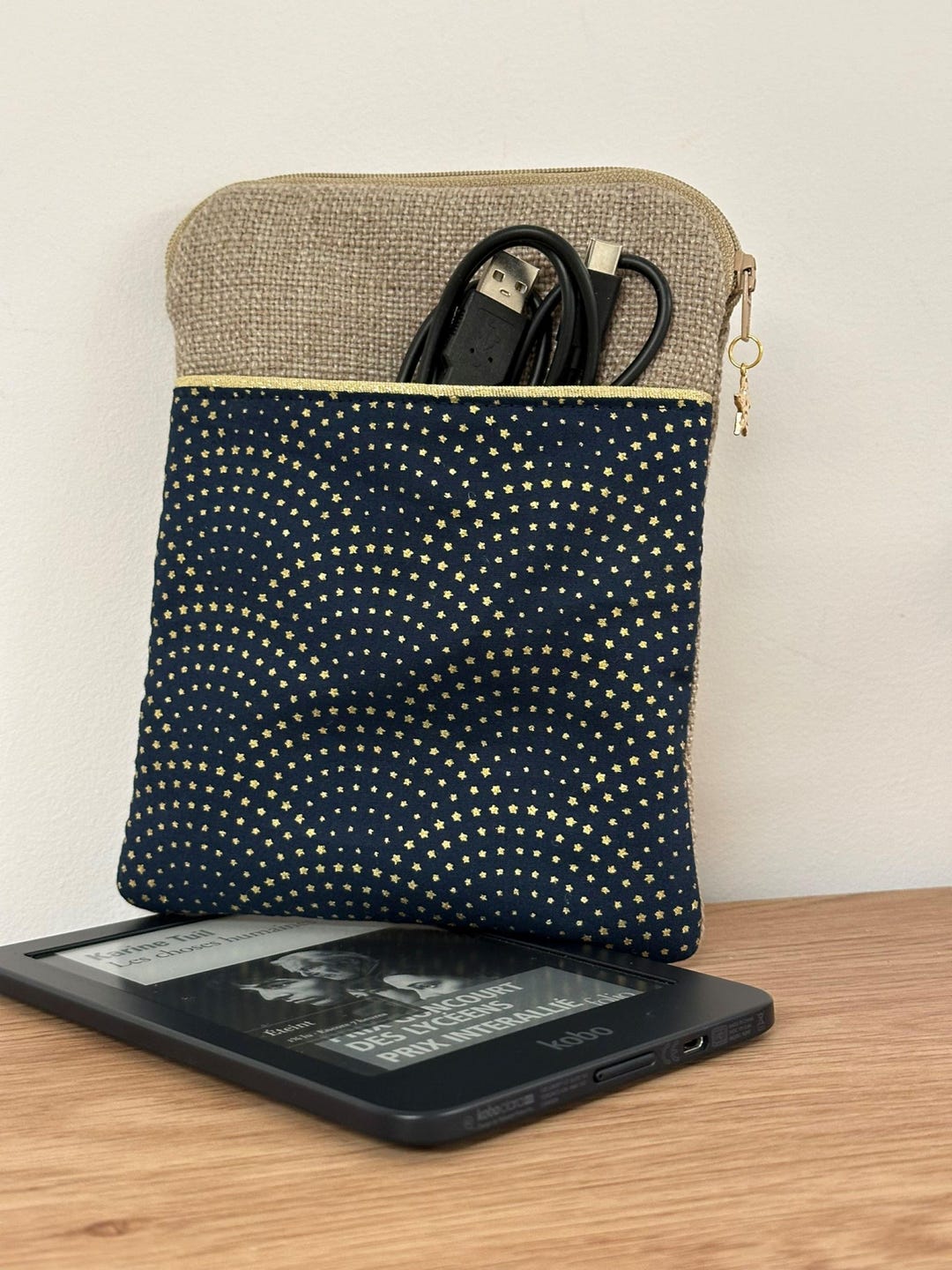 Kobo E-reader Pouch in Linen, Blue Fabric With Gold Stars / Zipped E ...