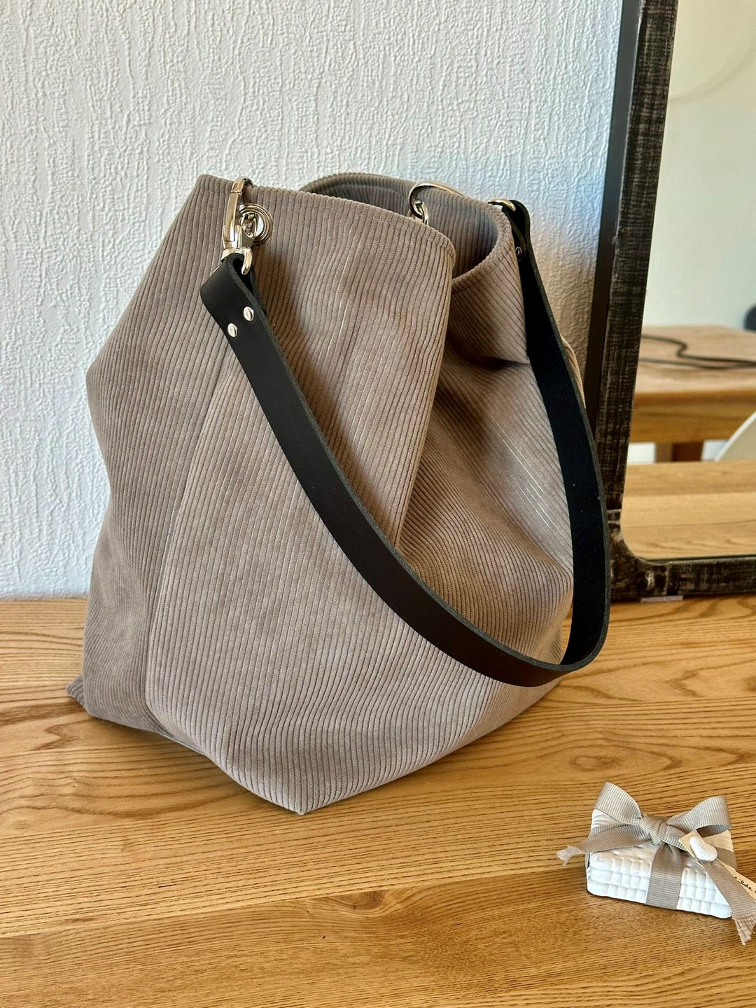 Taupe Hobo Bag, Removable Firm Leather Handle / Velvet Bucket Bag ...