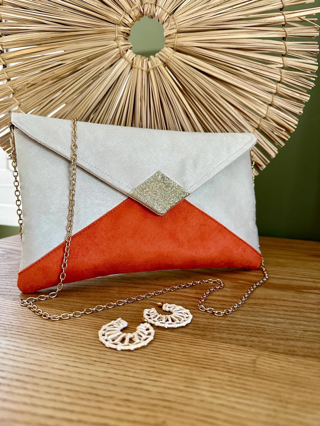 Ecru and Orange Wedding Clutch Bag With Gold Sequins / Customizable ...