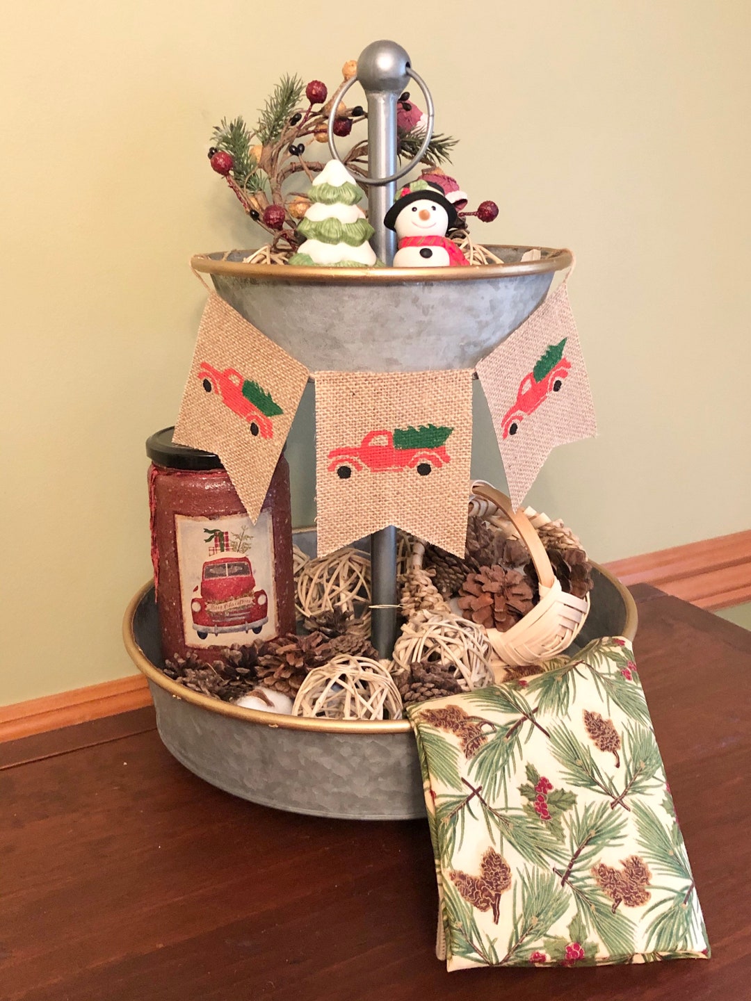 Tiered Tray Decor, Red Truck Tiered Tray, Red Truck Banner, Christmas ...