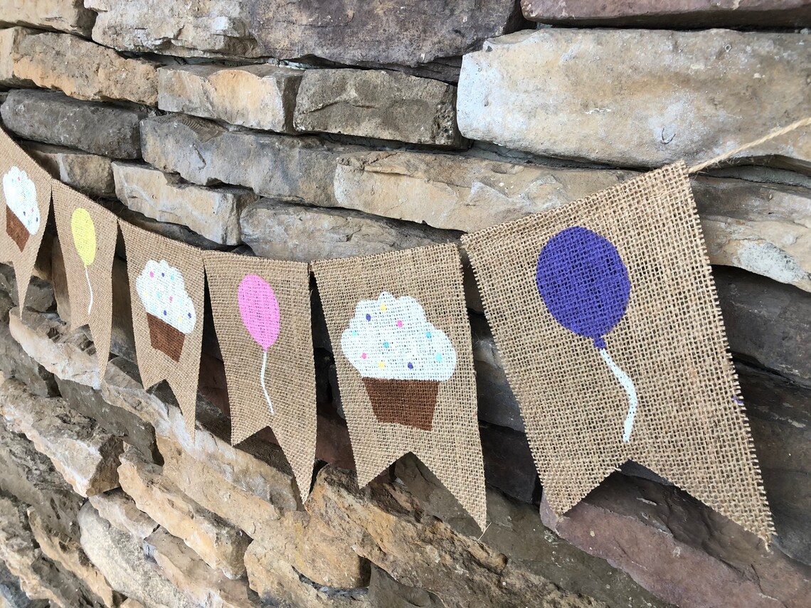 Birthday Banner, Birthday Burlap Banner, Balloons and Cupcakes Banner ...