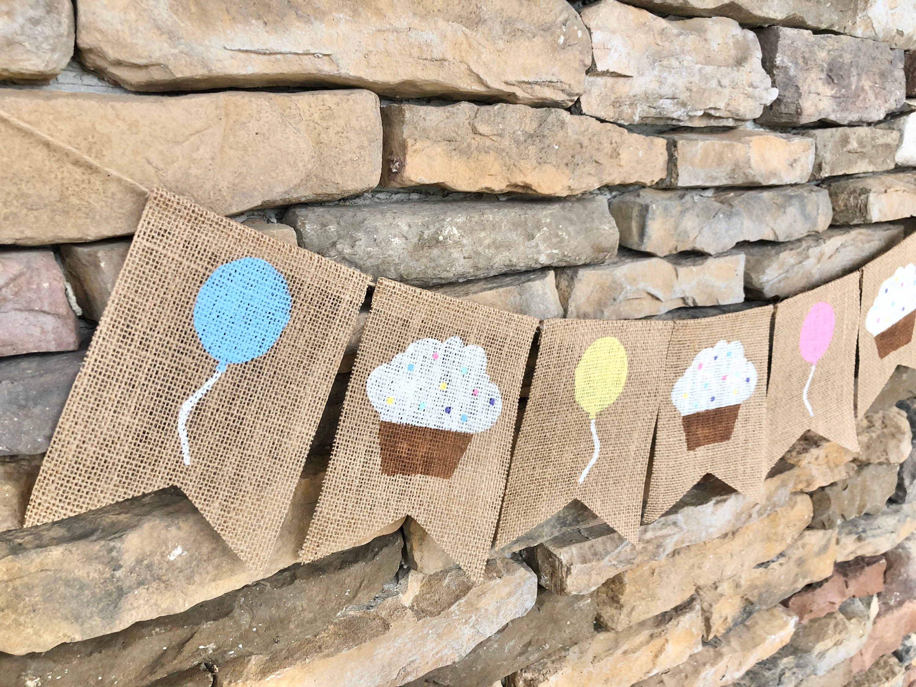 Birthday Banner, Birthday Burlap Banner, Balloons and Cupcakes Banner ...