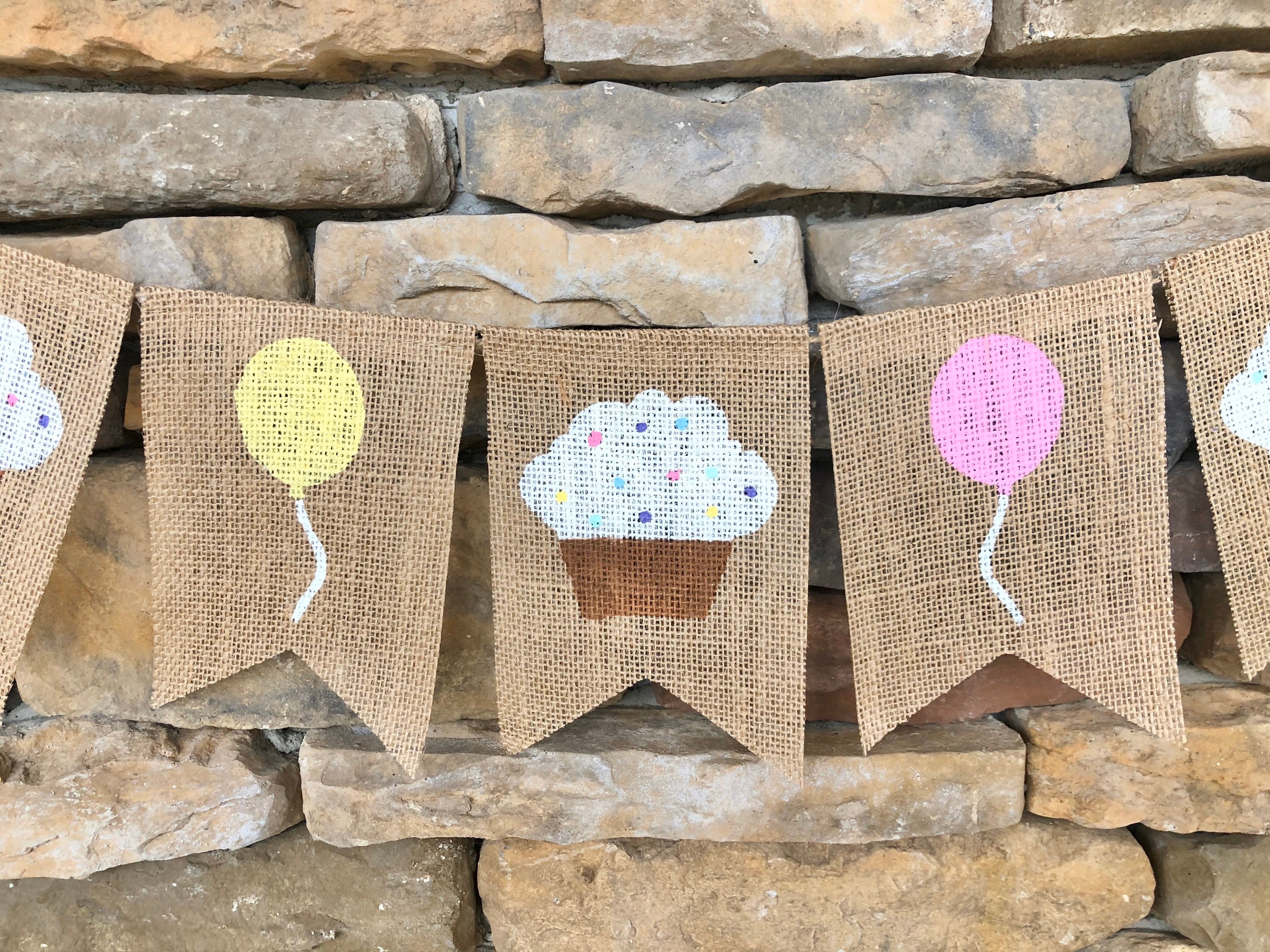 Birthday Banner, Birthday Burlap Banner, Balloons and Cupcakes Banner ...