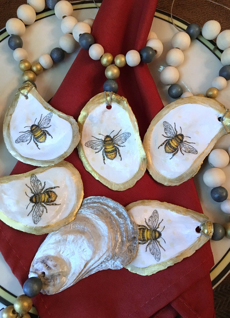 BUSY BEE Napkin Rings Decoupage Oyster ShellsHostess Gift | Etsy