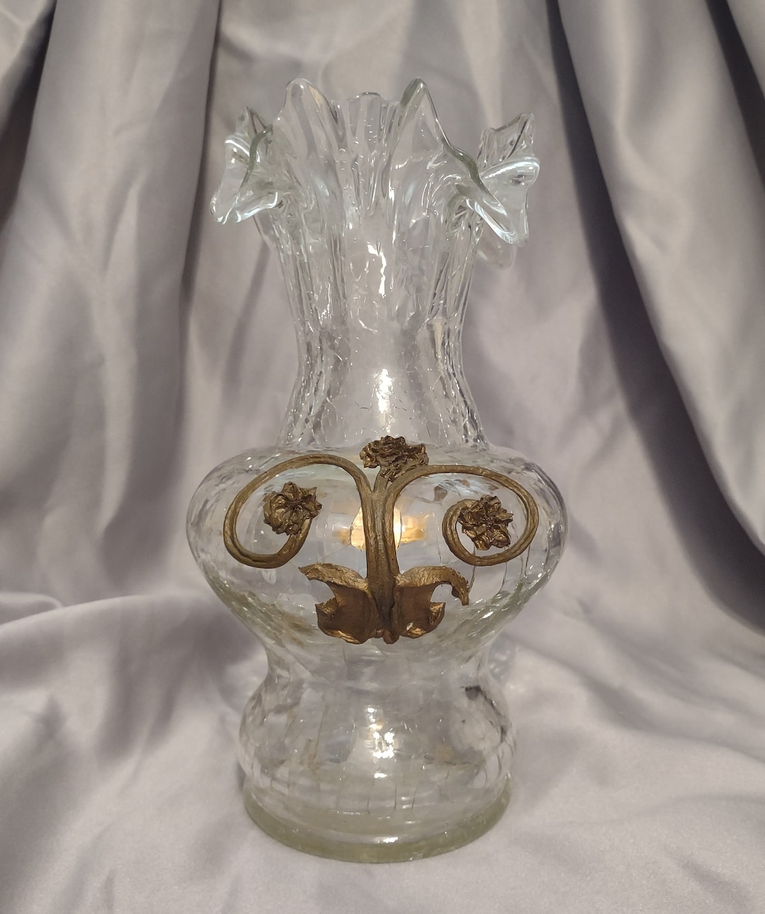 Vintage Crackled Glass Vase W/ruffled Edges and Metal Applique Designs ...