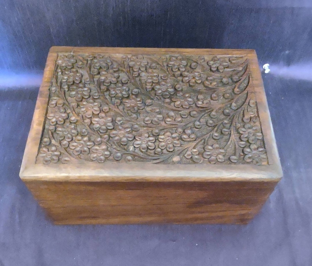9" Vintage Hand Carved Wood Box With Bottom Slide Out Lid - Etsy