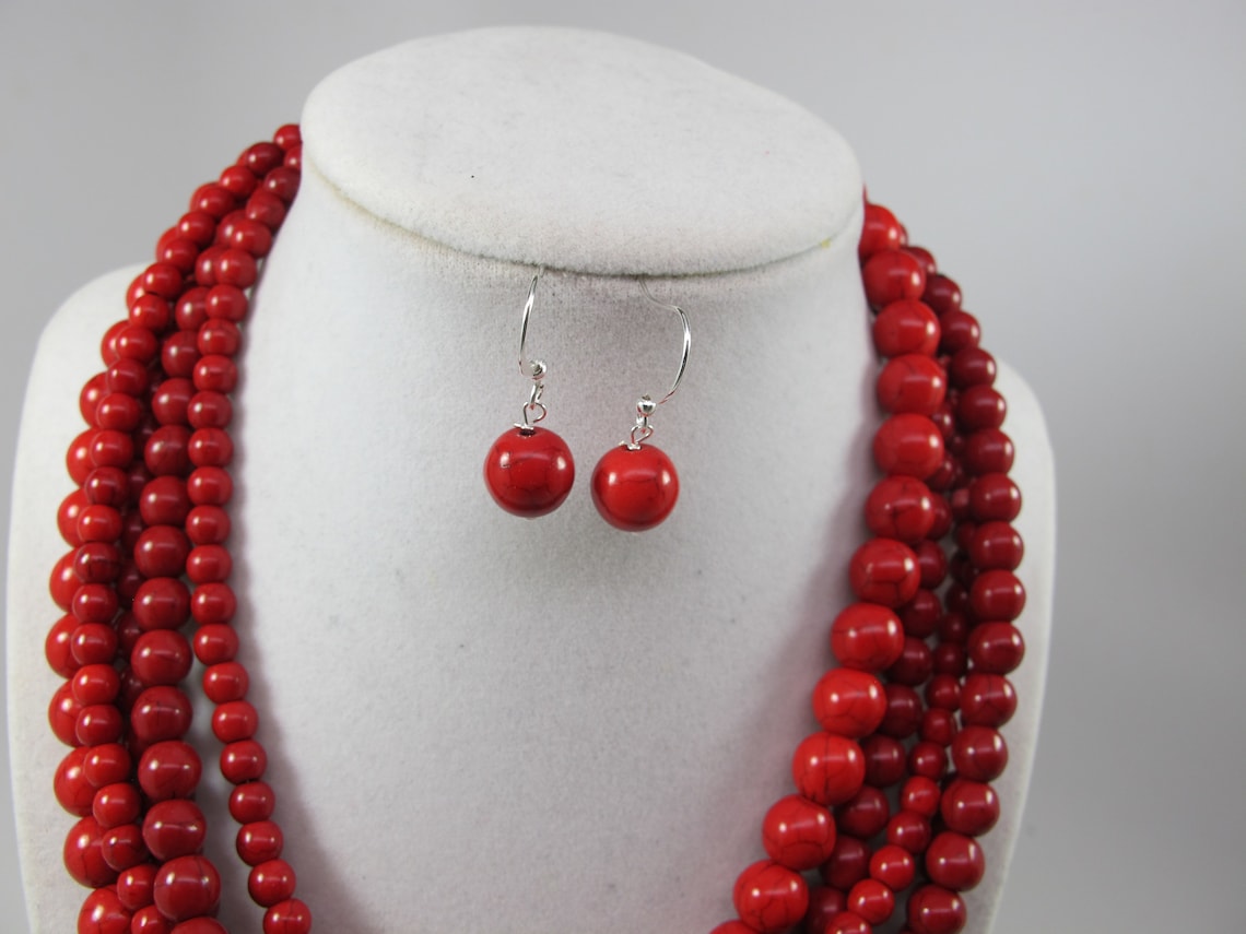 Chunky Red Turquoise Necklace Multi Strand Red Ruby Statement | Etsy