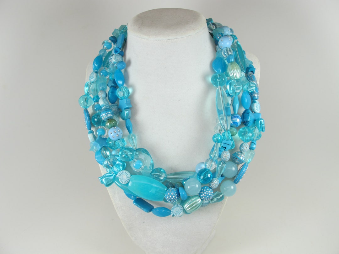 Chunky Aqua Blue Statement Necklace, Multi Strand Light Blue Statement ...