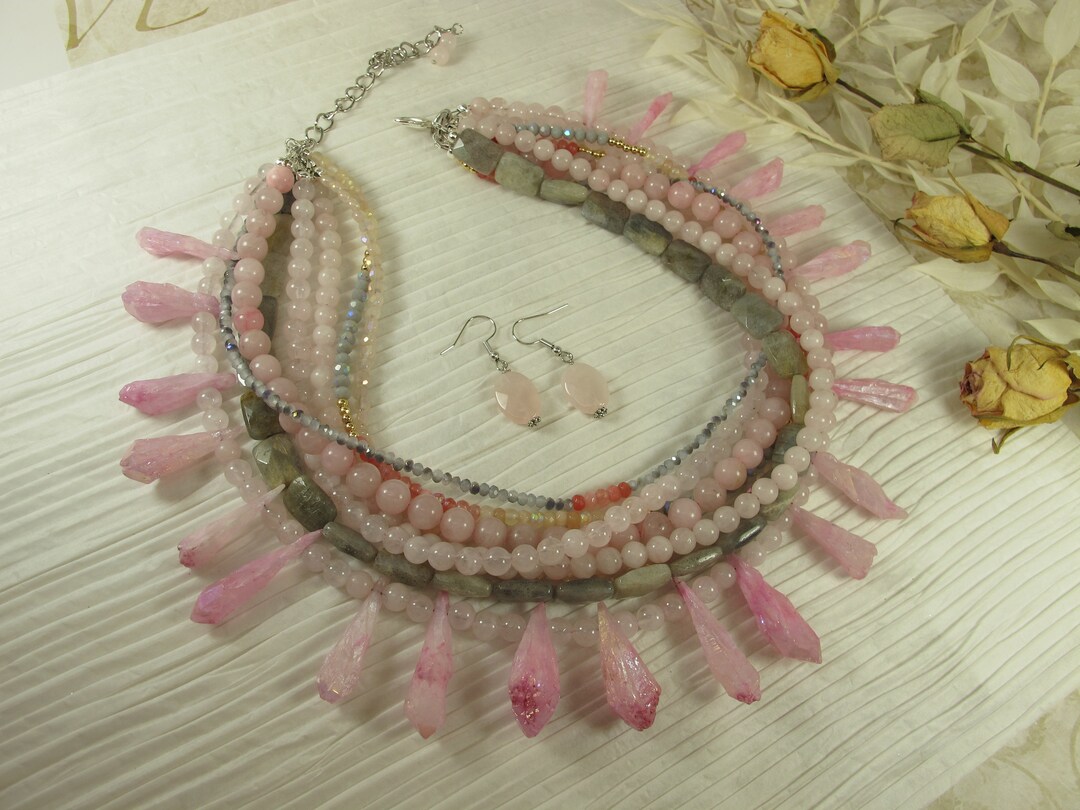 Chunky Pale Pink Quartz Gemstone Necklace, Statement Rose Quartz Pearl ...