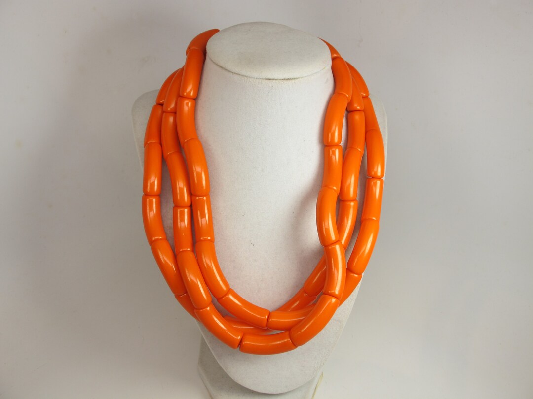 Chunky Orange Beaded Necklace, Multi Strand Marigold Statement Necklace ...