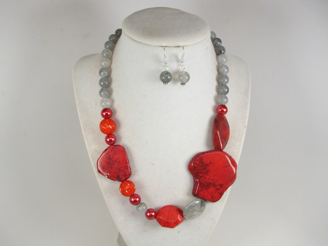 Chunky Red Statement Necklace, Red and Gray Gemstone Statement Gray Red ...