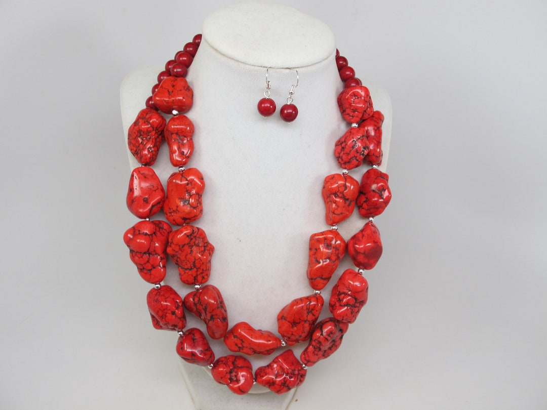 Chunky Red Turquoise Necklace, Multi Strand Red Ruby Statement Necklace ...
