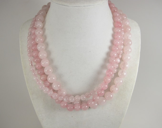 Chunky Pale Pink Quartz Gemstone Necklace, Statement Rose Quartz Pearl ...