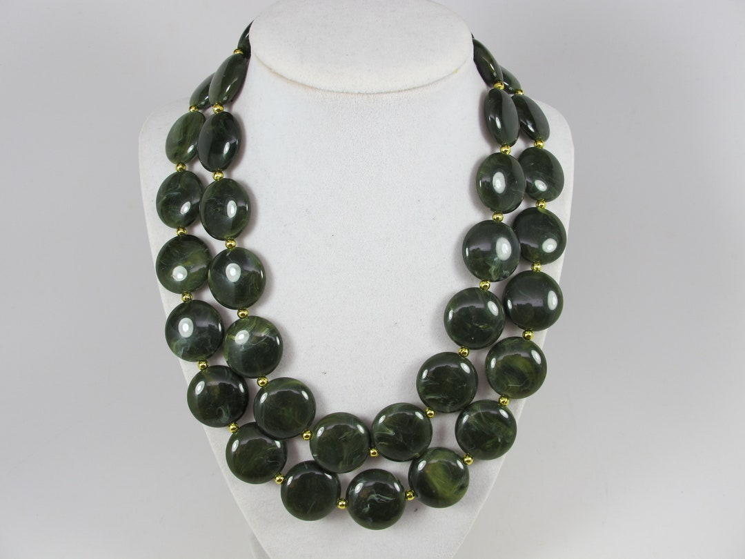 Chunky Olive Green Necklace, Multi Strand Statement Dark Green Necklace ...