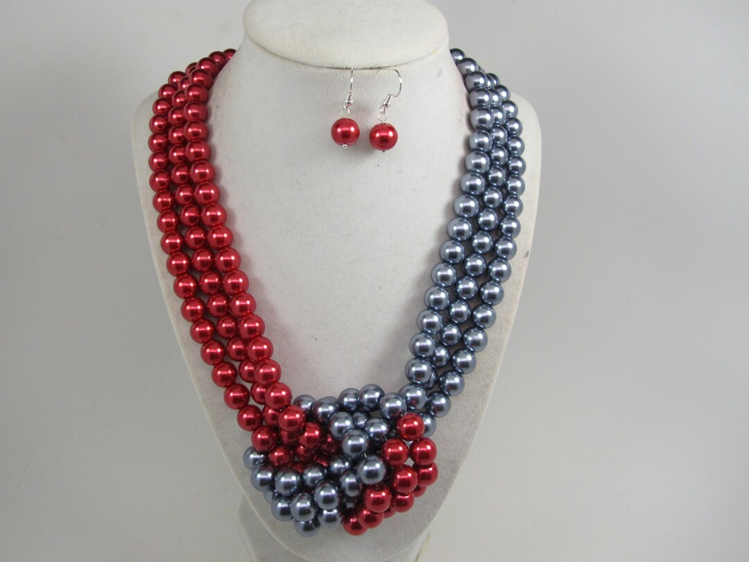 Ruby Red and Gray Pearl Statement Necklace, Knotted 3-strand Design - Etsy