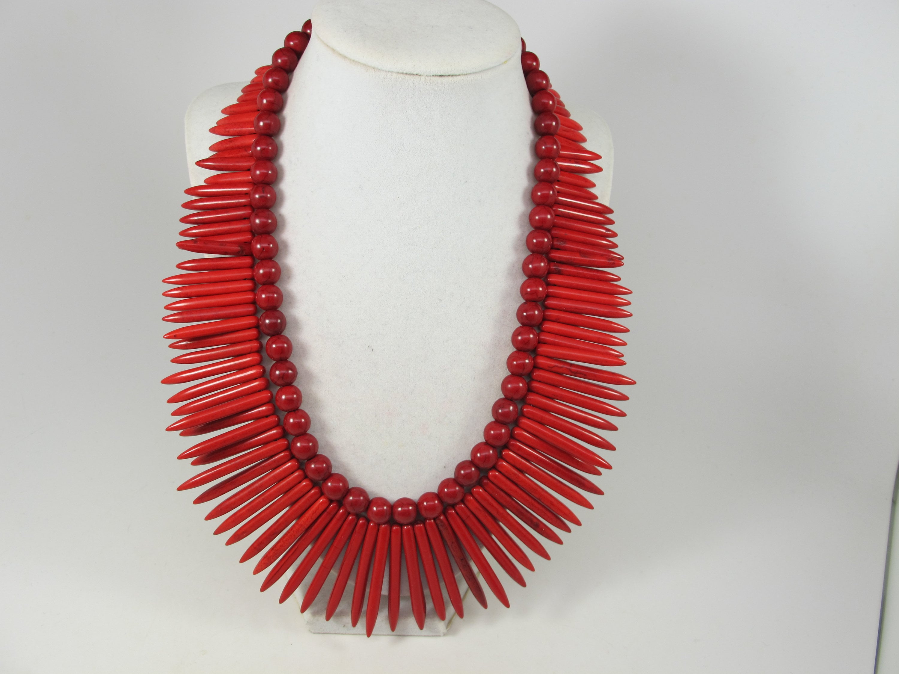 Chunky Red Turquoise Necklace, Multi Strand Red Ruby Statement Necklace ...