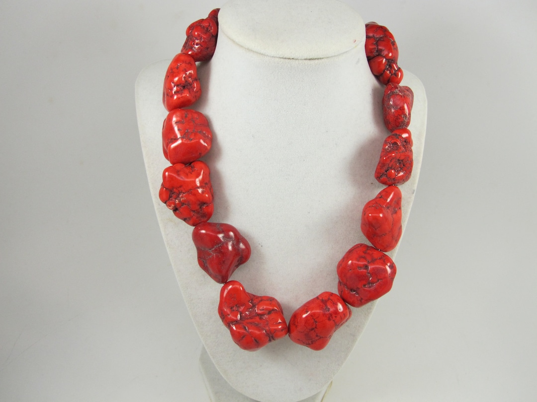 Chunky Red Turquoise Necklace, Multi Strand Red Ruby Statement Necklace ...